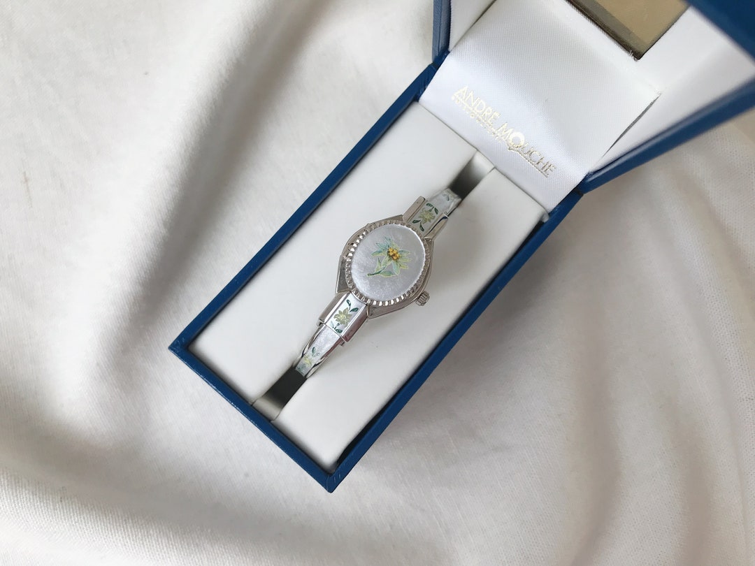 André Mouche Silver Tone Metal and Gray Enamel Women Watch With Floral ...