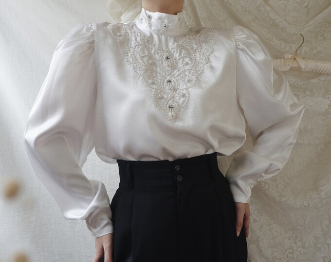 Vintage White Long Puff Sleeve Blouse With Pearl Embellishment, 80s ...