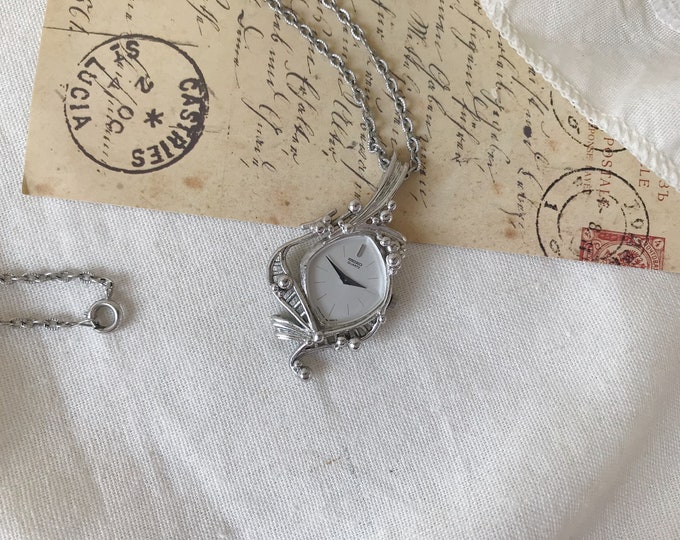 Vintage SEIKO Silver Tone Metal Pendant Watch With Chain Necklace ...