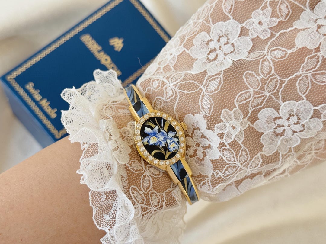 André Mouche Gold Tone Metal and Enamel Women Watch With Floral Design ...