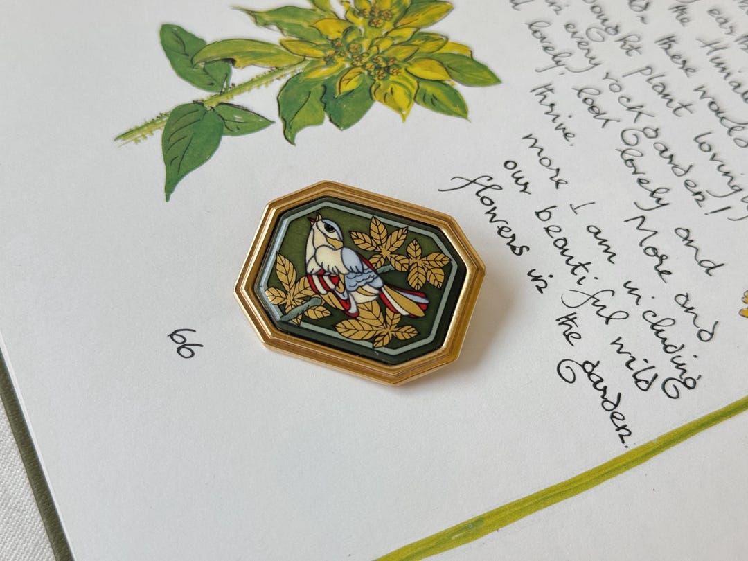 Michaela Frey Team Gold Tone Metal and Enamel Brooch With Floral and ...