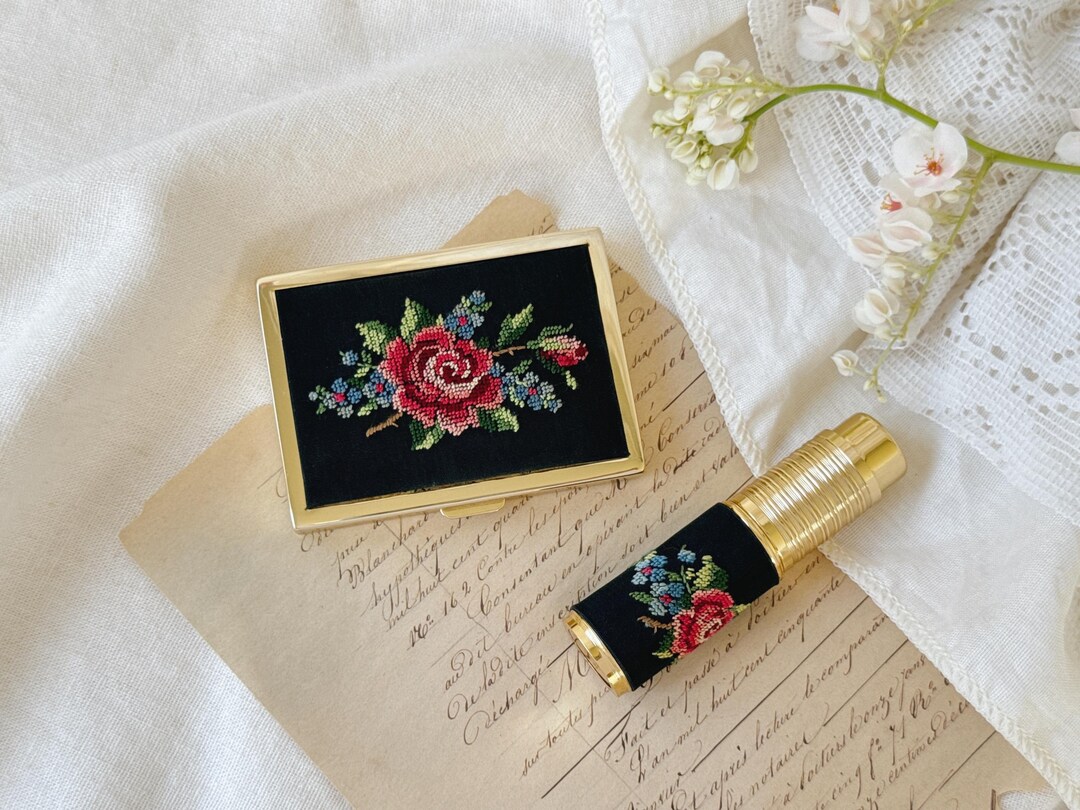 Vintage Gold Tone Metal Powder Compact & Perfume Atomizer Set With ...