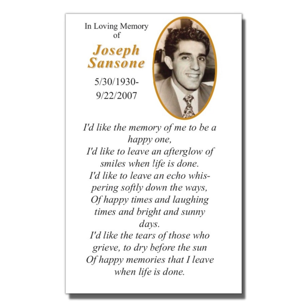 Funeral Memorial Prayer Cards Keepsakes- Custom Personalized Photo and ...