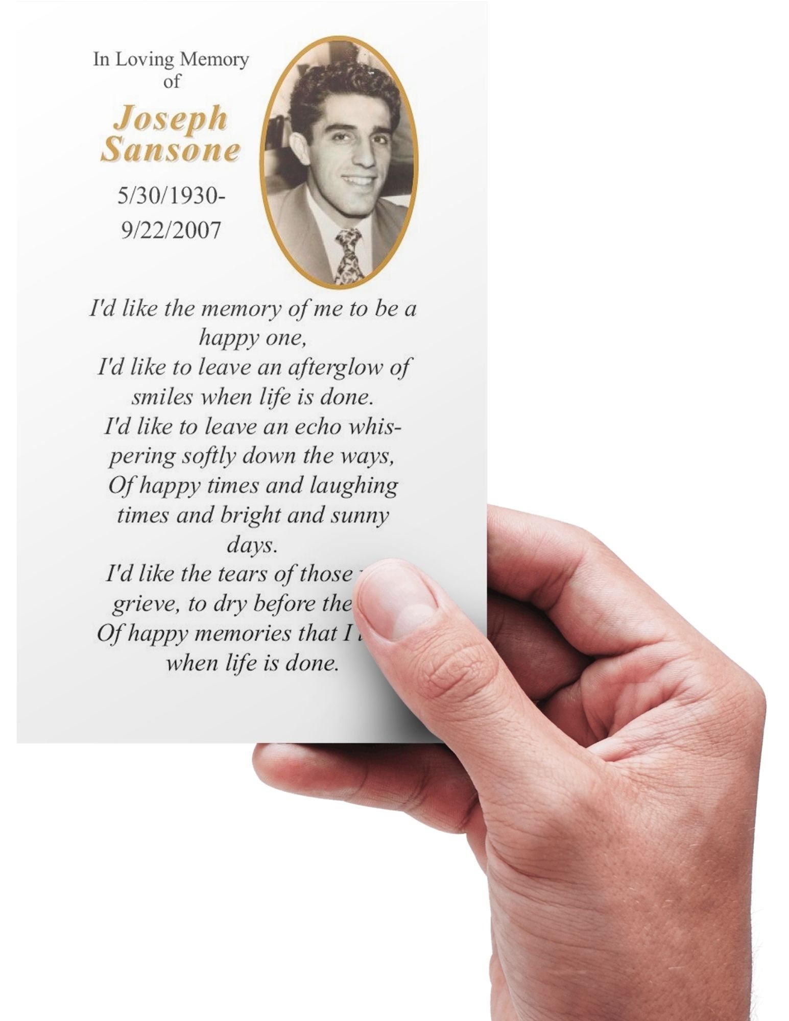 Funeral Memorial Prayer Cards Keepsakes- Custom Personalized Photo and ...