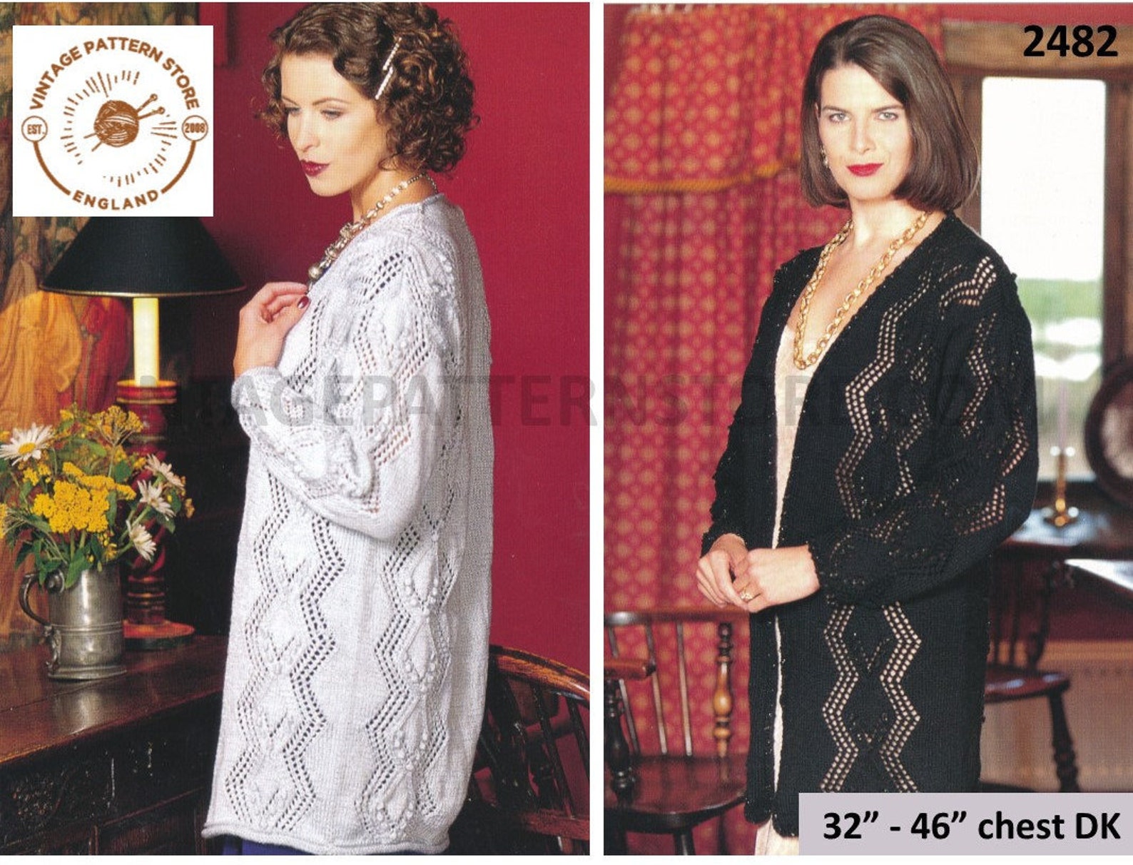 Womens Ladies 90s V Neck Long Line Lacy Cable and Lace Edge to - Etsy