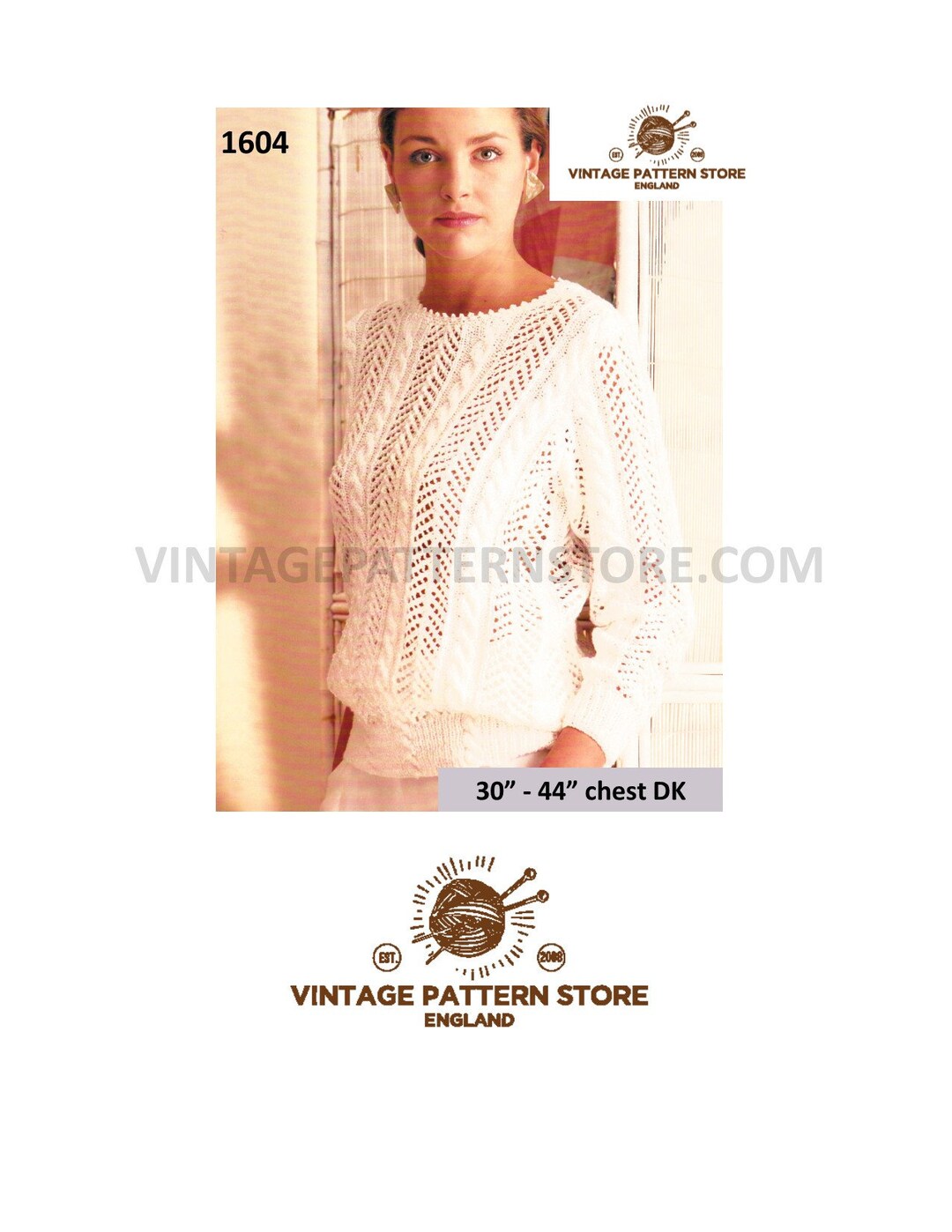 Ladies Womens 90s Picot Lacy Round Neck Cable & Lace Panel DK Raglan ...