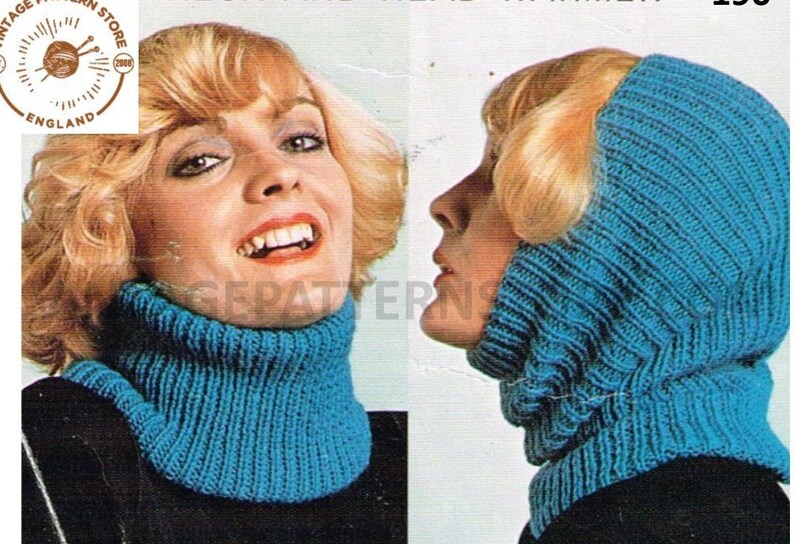 90s Vintage Easy Knit Ribbed Cowl & Snood Knitting Pattern PDF ...