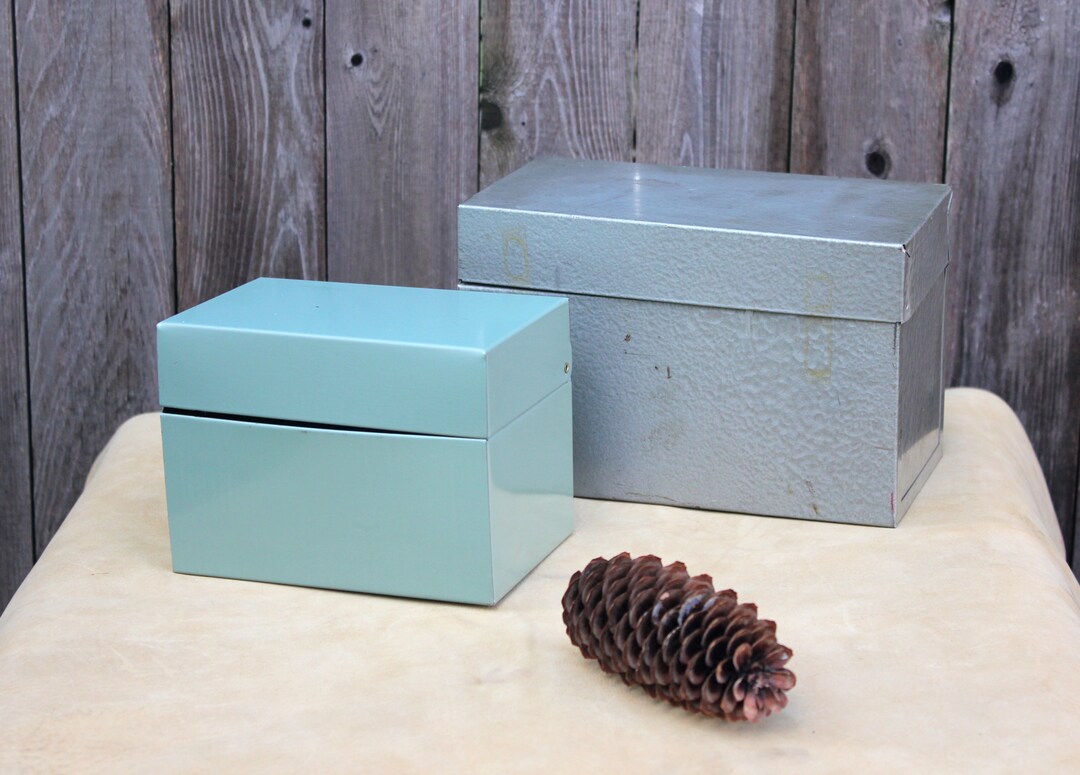 Vintage Gray Metal Card Box: Hinged Industrial Office Storage - Etsy
