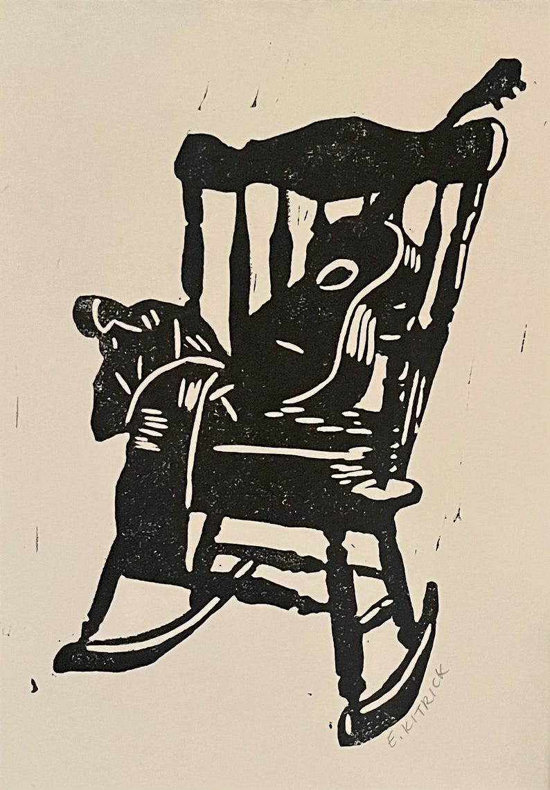 Rocking Chair With Guitar - Original Linocut, Handmade, Limited Edition ...
