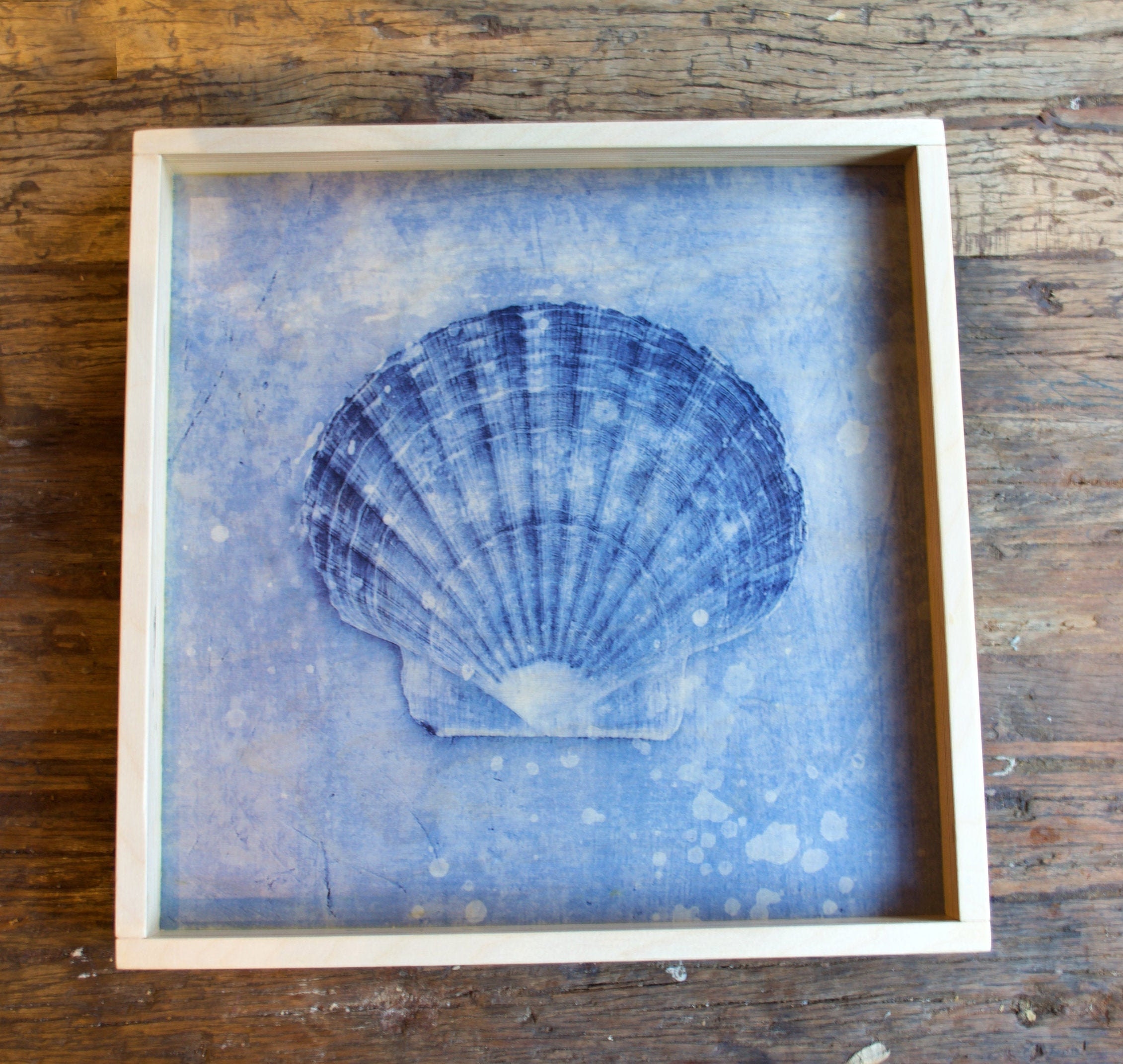 Blue Scallop Shell Print Wood Decorative Tray Modern Art | Etsy
