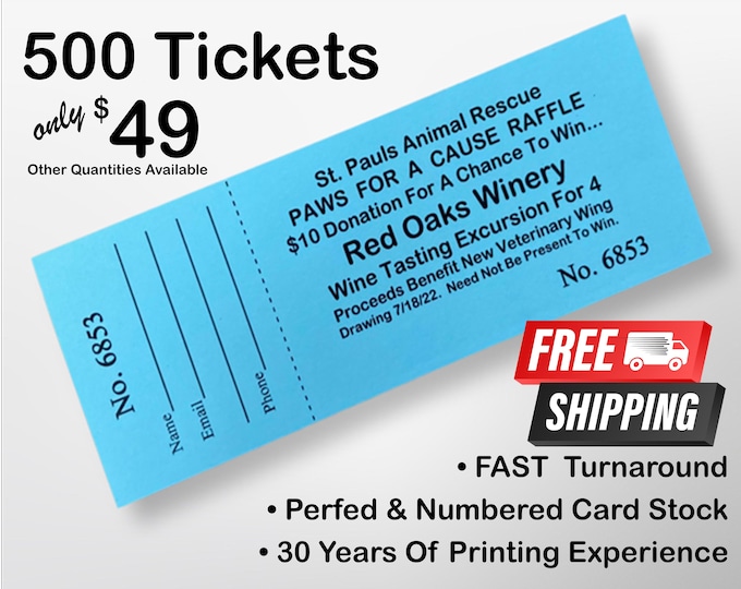 Custom Printed Raffle Tickets for Your Fundraiser! Your Choice of Card ...