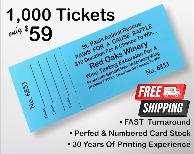 1,000 Custom Printed Raffle Tickets for Your Fundraiser. Card Stock of ...