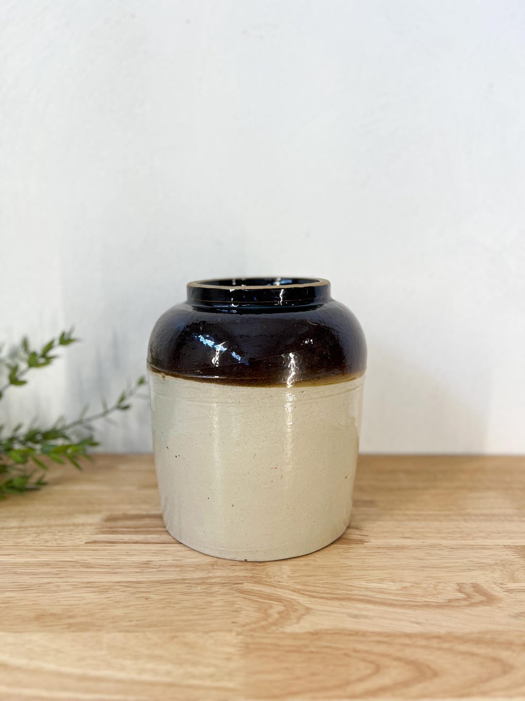 Vintage Two-tone Stoneware Crock Jar | Brown & Tan Glazed Pottery ...