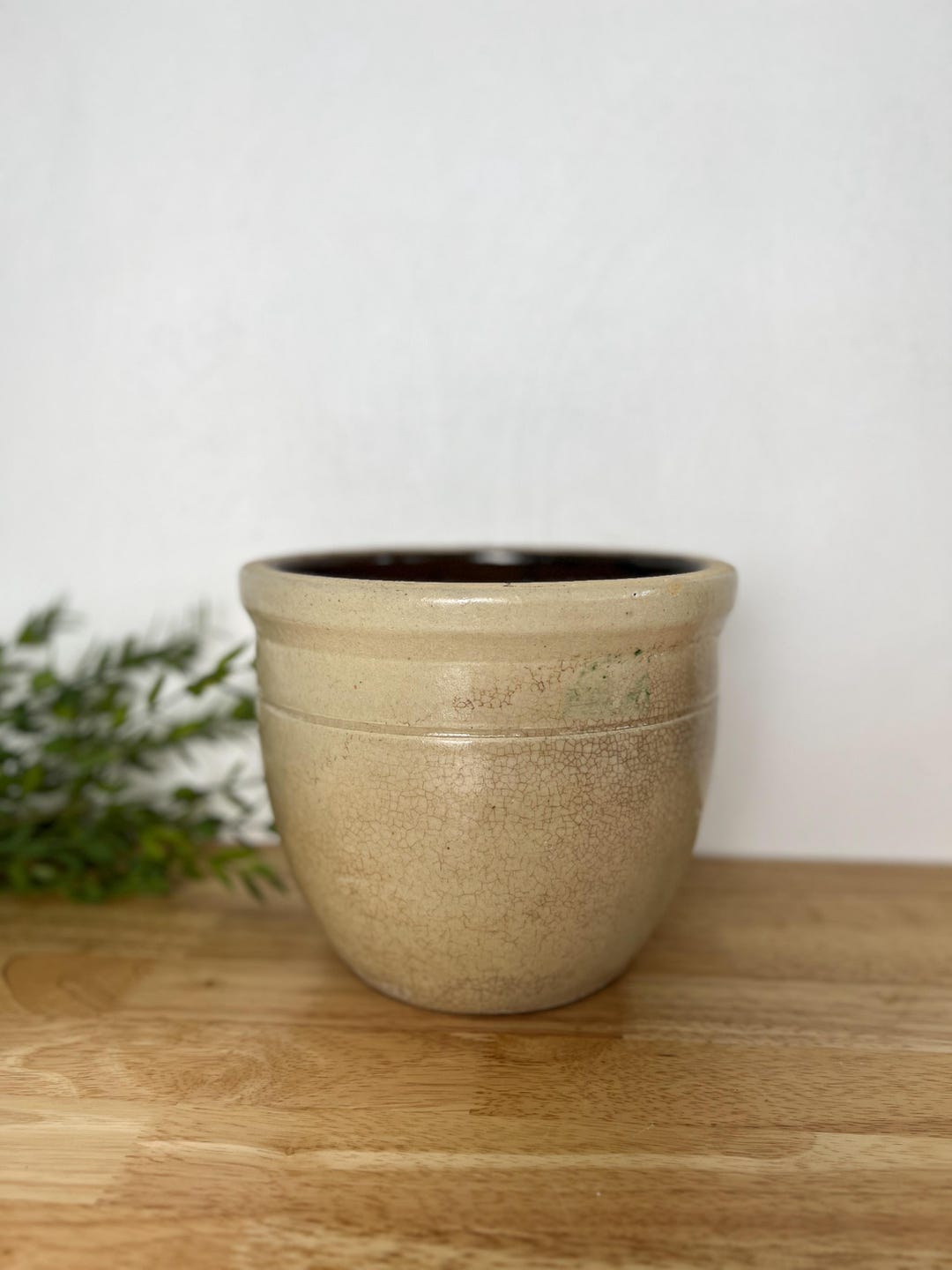 Antique Beige Stoneware Crock – Round Glazed Kitchen Crock – Farmhouse ...