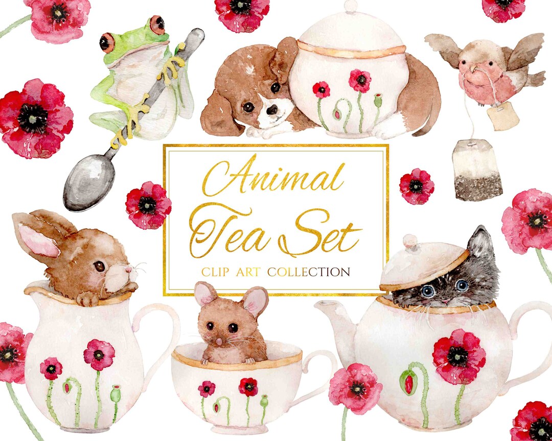 Animal Tea Set Clip Art Collection | 8 Watercolour PNG Elements | Cute ...