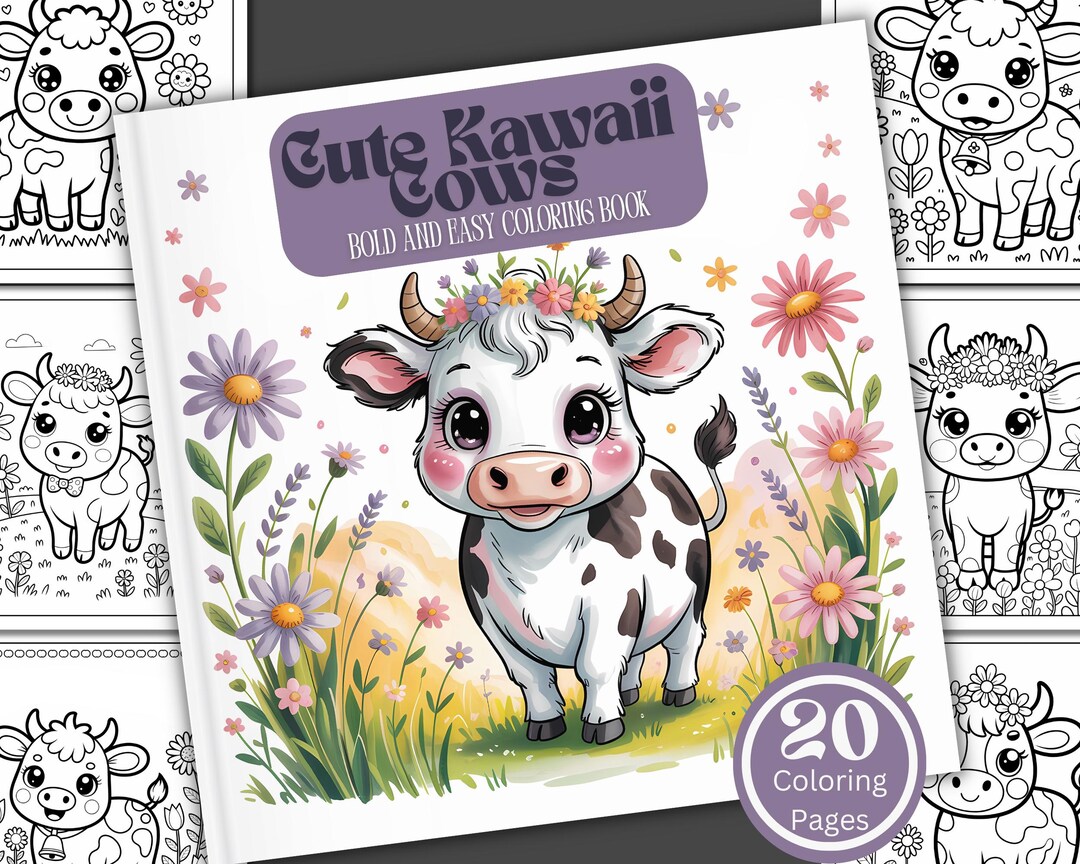 Bold and Easy Cute Kawaii Cows Coloring Book/20 Coloring Pages/digital ...