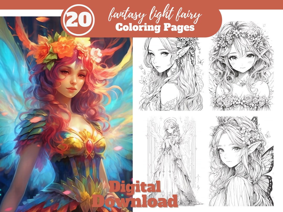 20 Beautiful Enchanting Fantasy Light Fairy Coloring Pages Digital ...