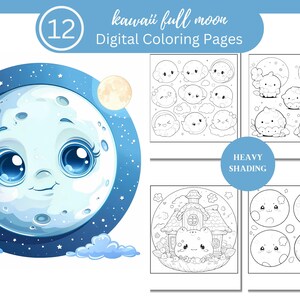 Kawaii Full Moon Coloring Book/12 Coloring Pages to Relax and Unwind ...