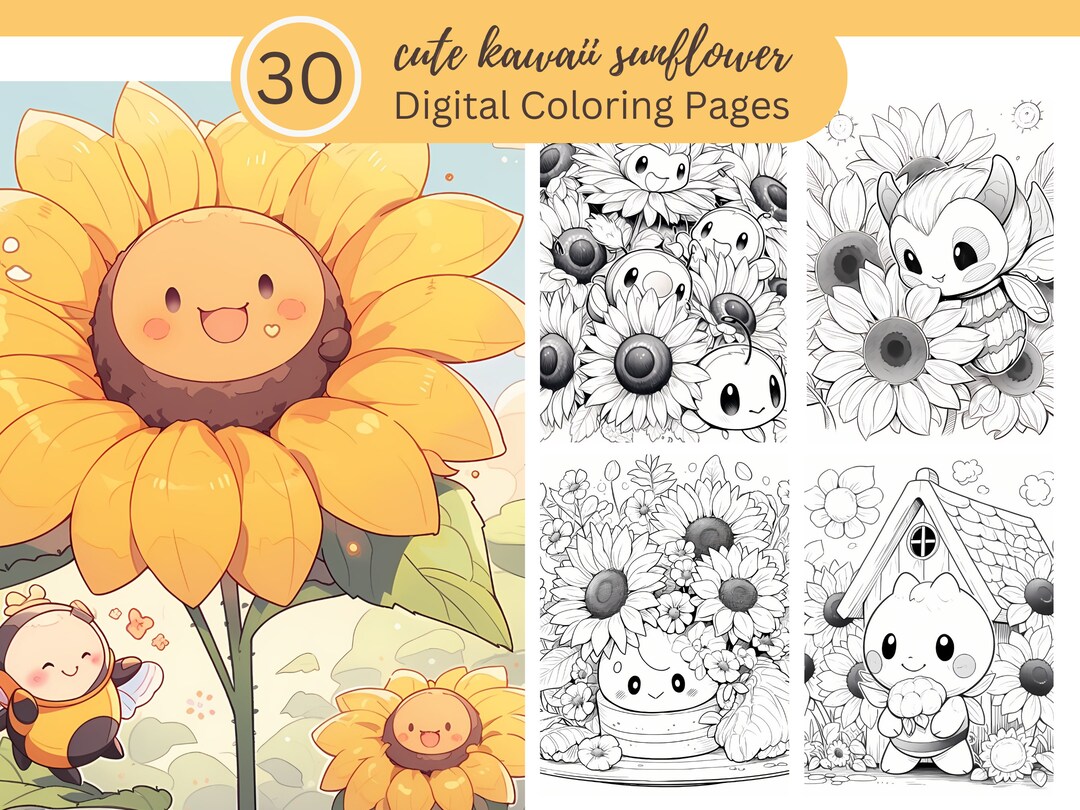 Cute Kawaii Sunflowers Coloring Book Fun for All/30 Coloring Pages to ...