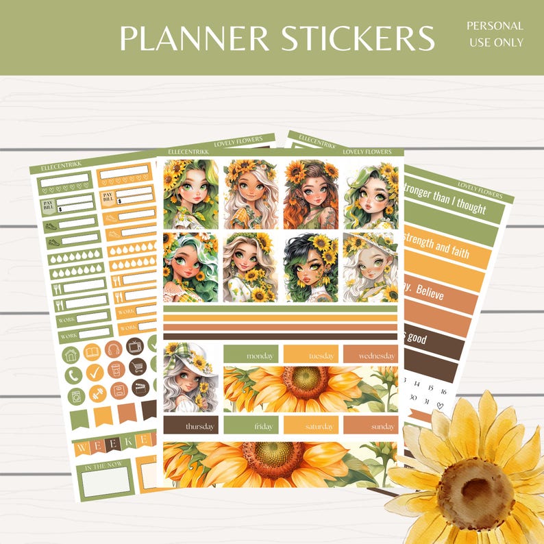 Sunflower Planner Stickers: EC Vertical Kit (digital Download) - Etsy