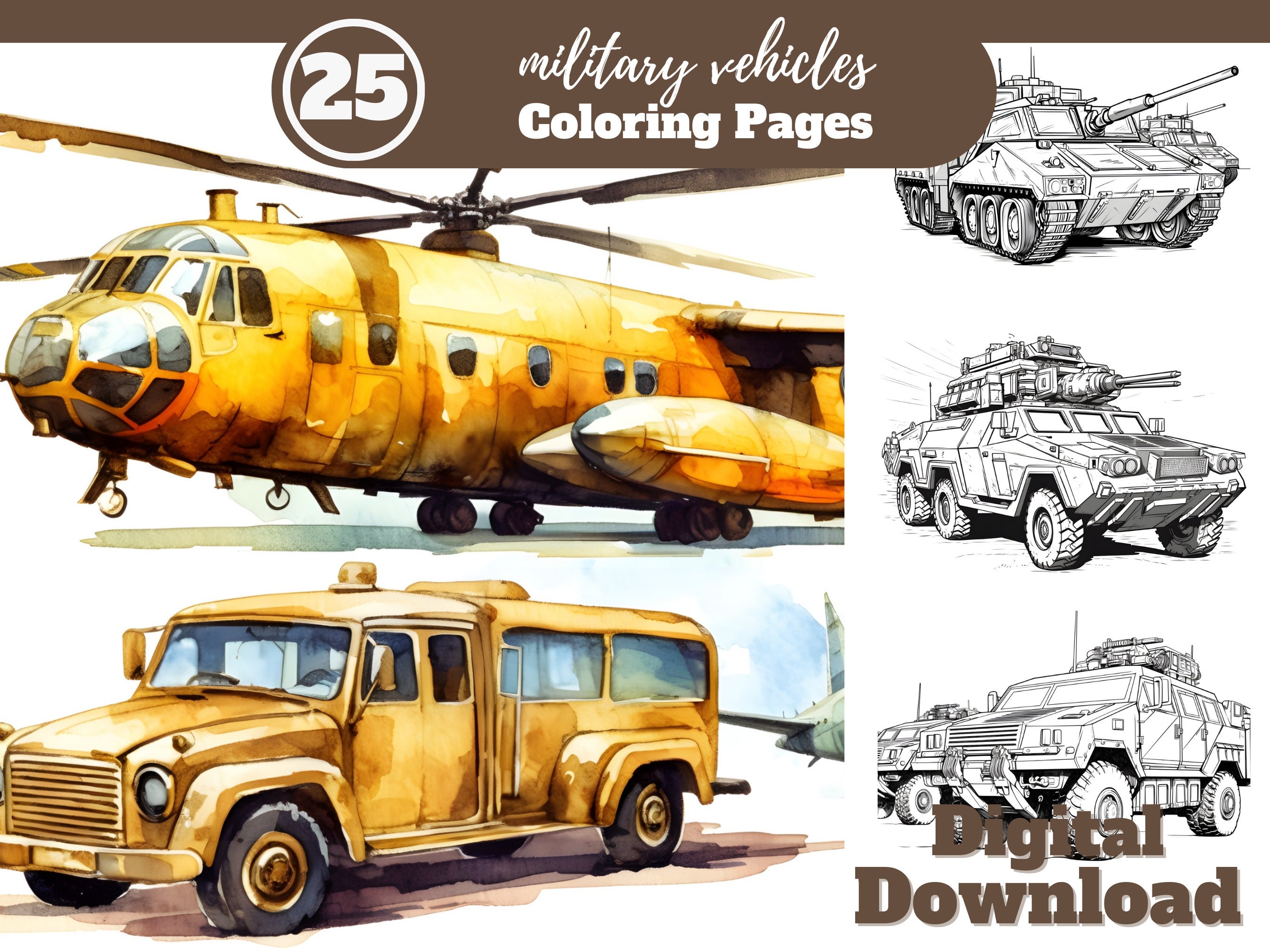 Military Vehicles Coloring Pages Set of 25 Digital Download Perfect for ...