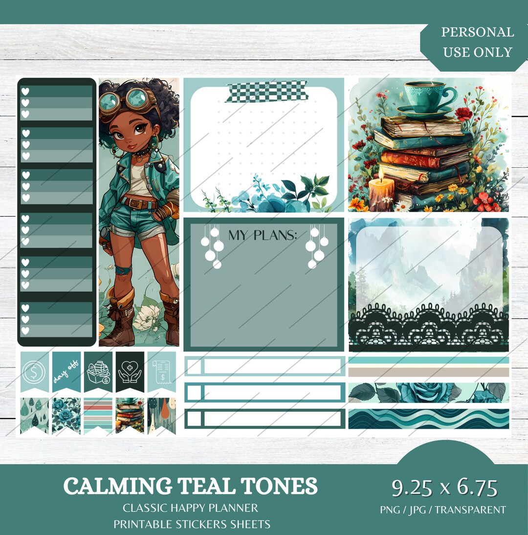 Calming Teal Tones/4 Printable Digital Planner Stickers/ec Classic ...