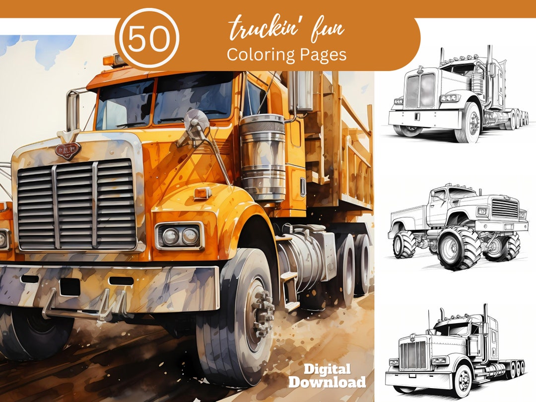 50 Truckin' Fun Coloring Pages Set Digital Download Coloring for Him ...