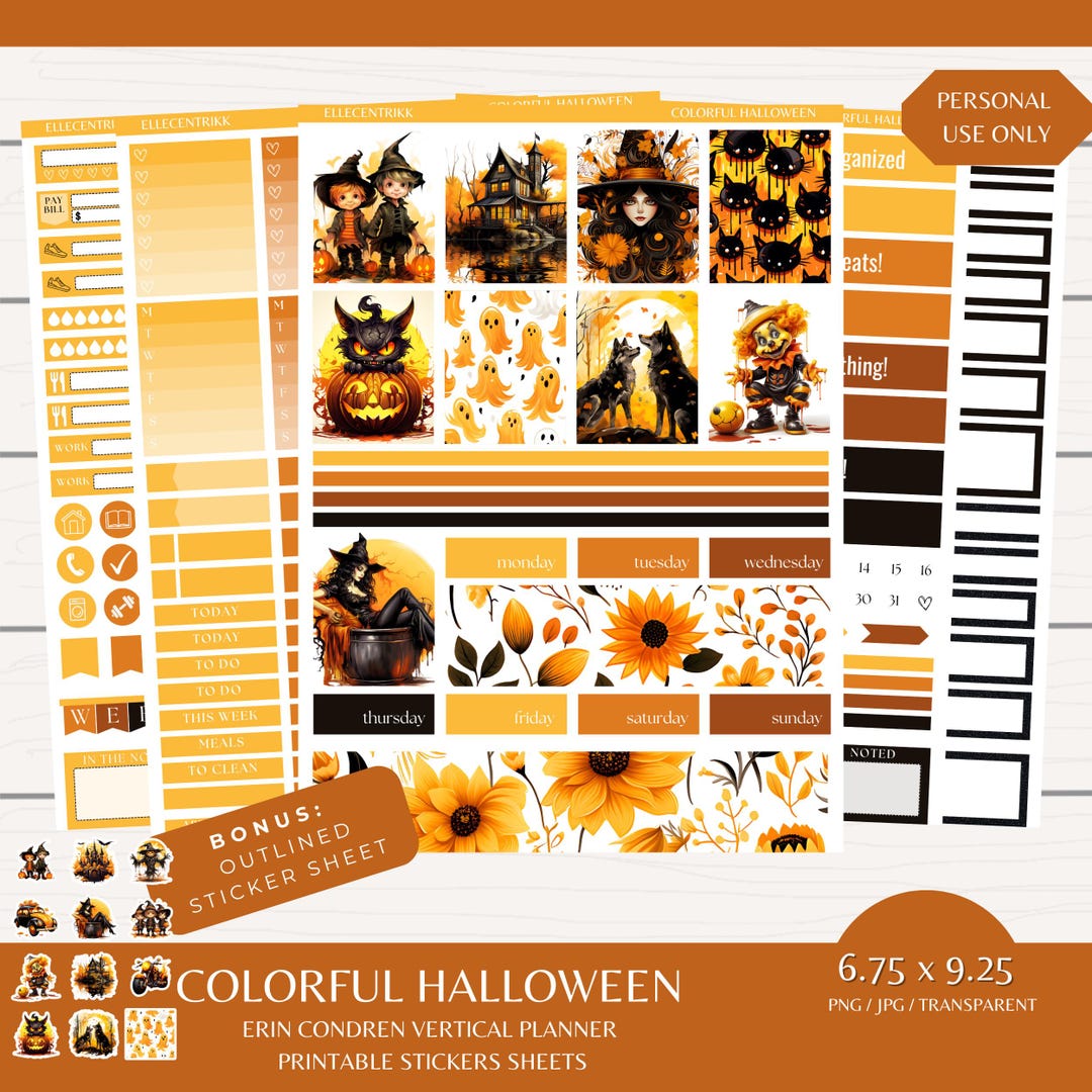 Colorful Halloween/5 Printable Digital Planner Stickers/ec Vertical ...