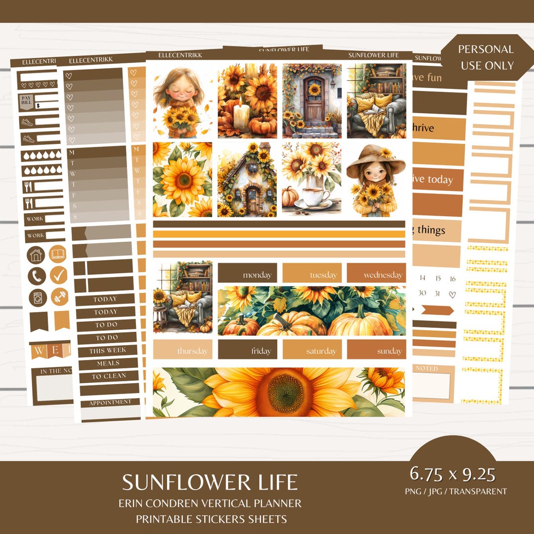 Sunflower Life/5 Printable Digital Planner Stickers/ec Vertical Planner ...