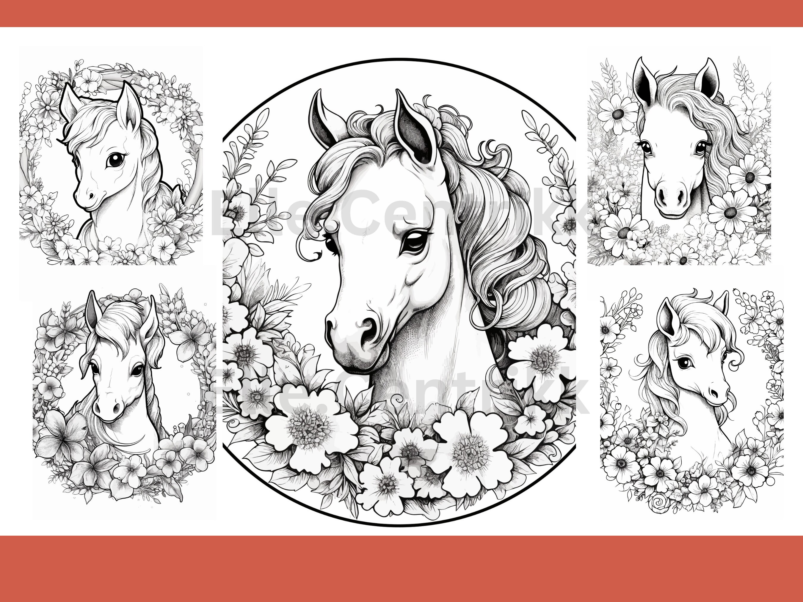Floral & Horses Set of 25 Coloring Pages/relax and Unwind/adult ...