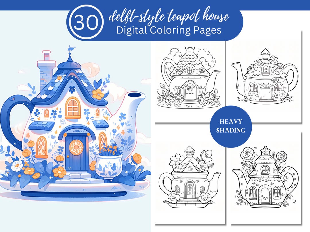 Delft-style Teapot House Coloring Book Fun/30 Coloring Pages to Relax ...