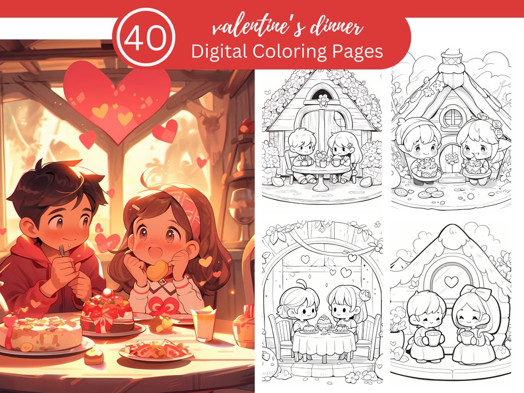 Valentine's Dinner Coloring Book Fun for All/40 Coloring Pages to Relax ...