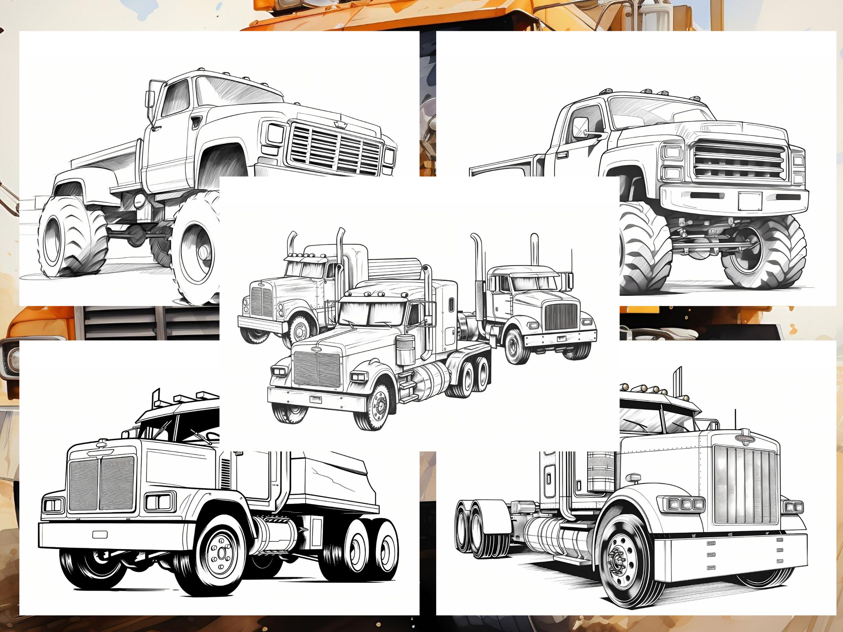 50 Truckin' Fun Coloring Pages Set Digital Download Coloring for Him ...