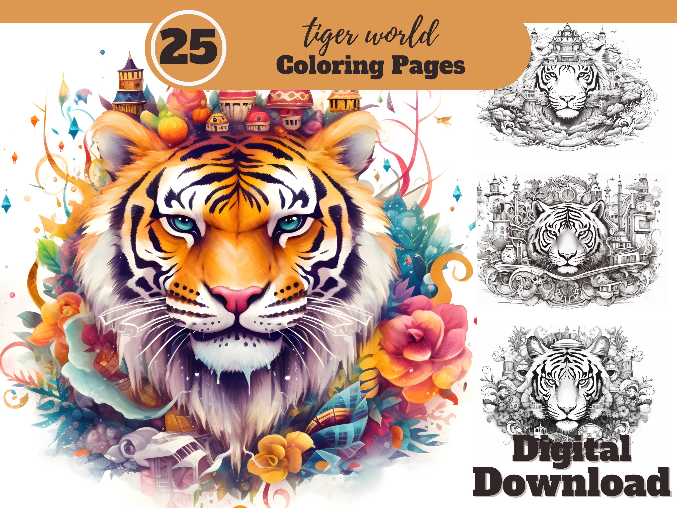 25 Tiger World Adult Coloring Pages Set: Captivating Tiger Faces in a ...
