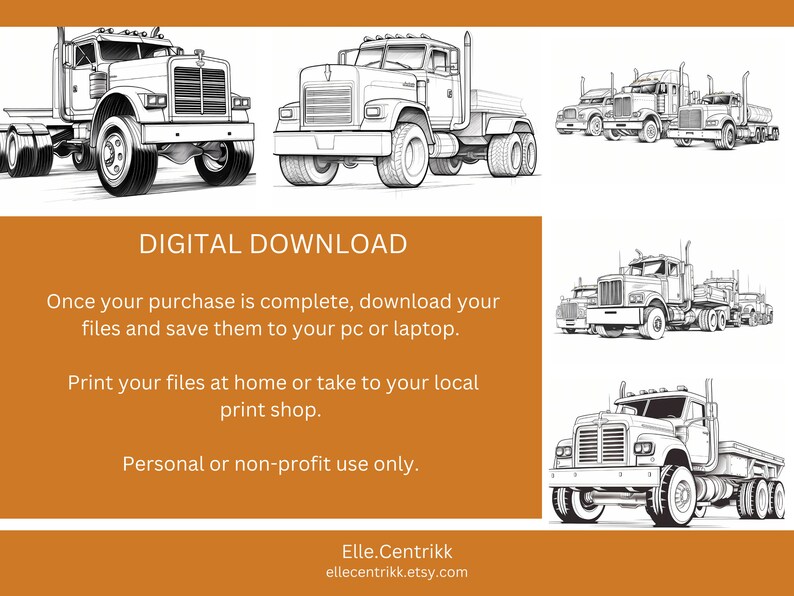 50 Truckin' Fun Coloring Pages Set Digital Download Coloring for Him ...