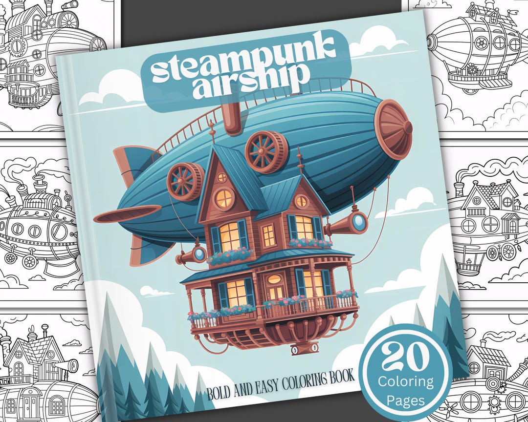 Steampunk Airship Coloring Book: 20 Cutesy Kawaii Pages (digital ...