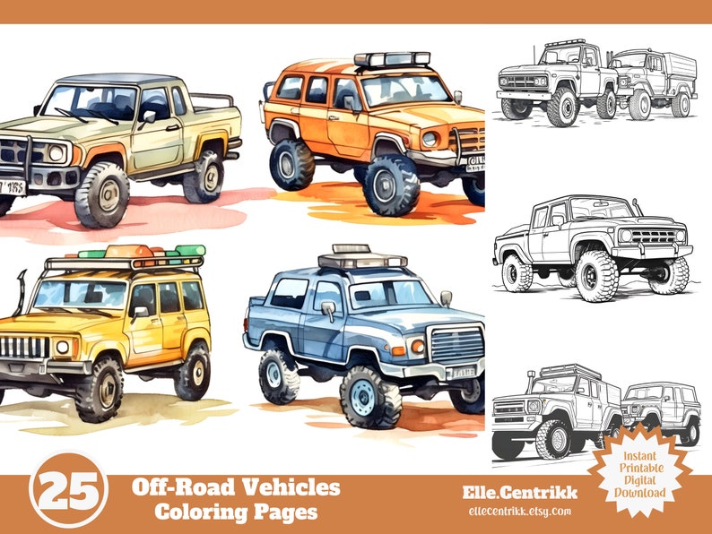 25 Off-road Vehicles Coloring Pages Adult Coloring - Etsy