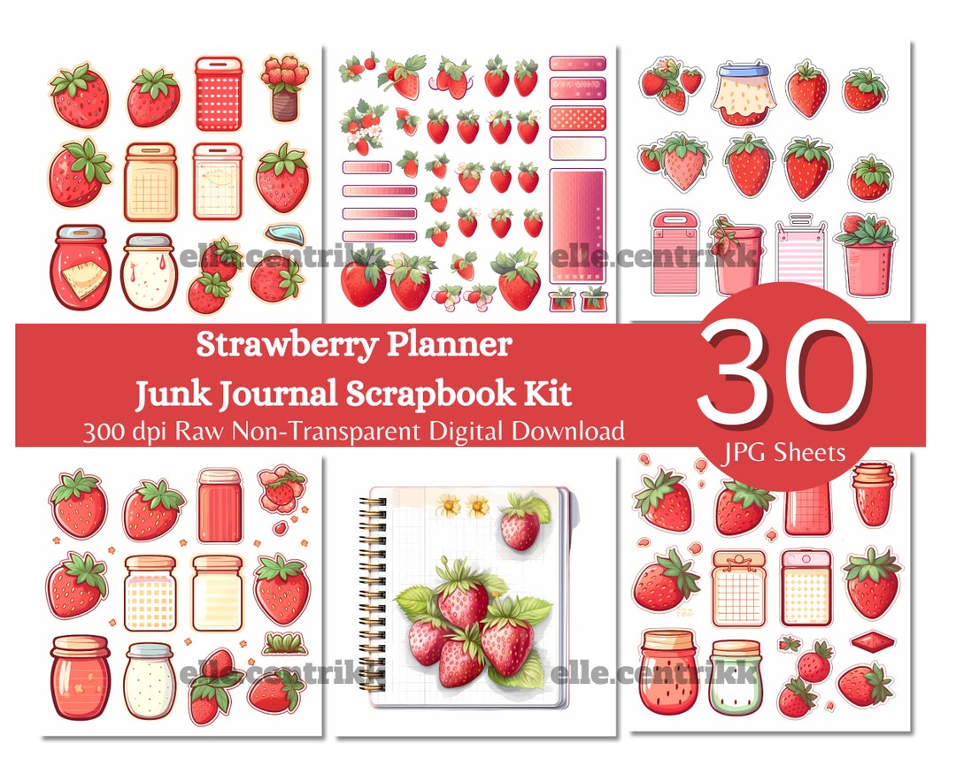 30 Strawberry Planner Elements Raw JPG Collage Kit Fussy Cuts ...