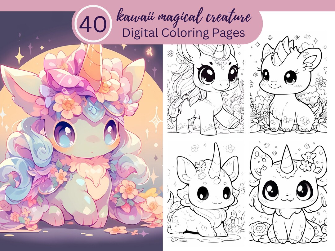 Kawaii Magical Creature Coloring Book Fun for All/40 Coloring Pages to ...