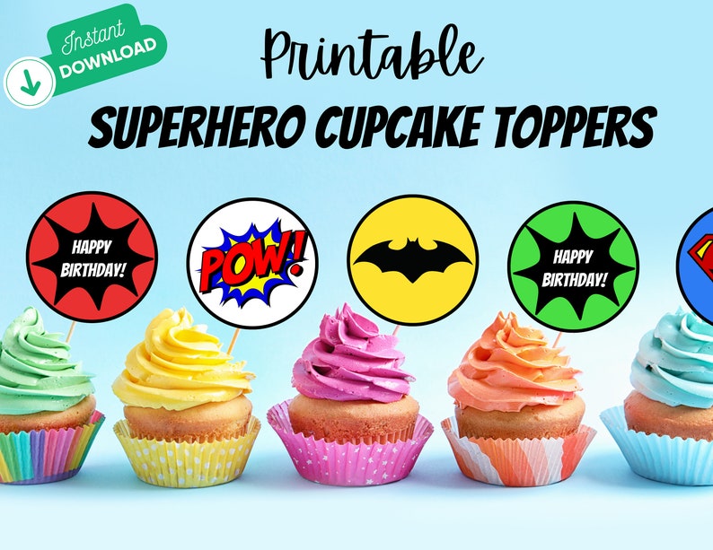 Printable Happy Birthday Superhero Cupcake Toppers, Superhero Party Printable, Superhero ...