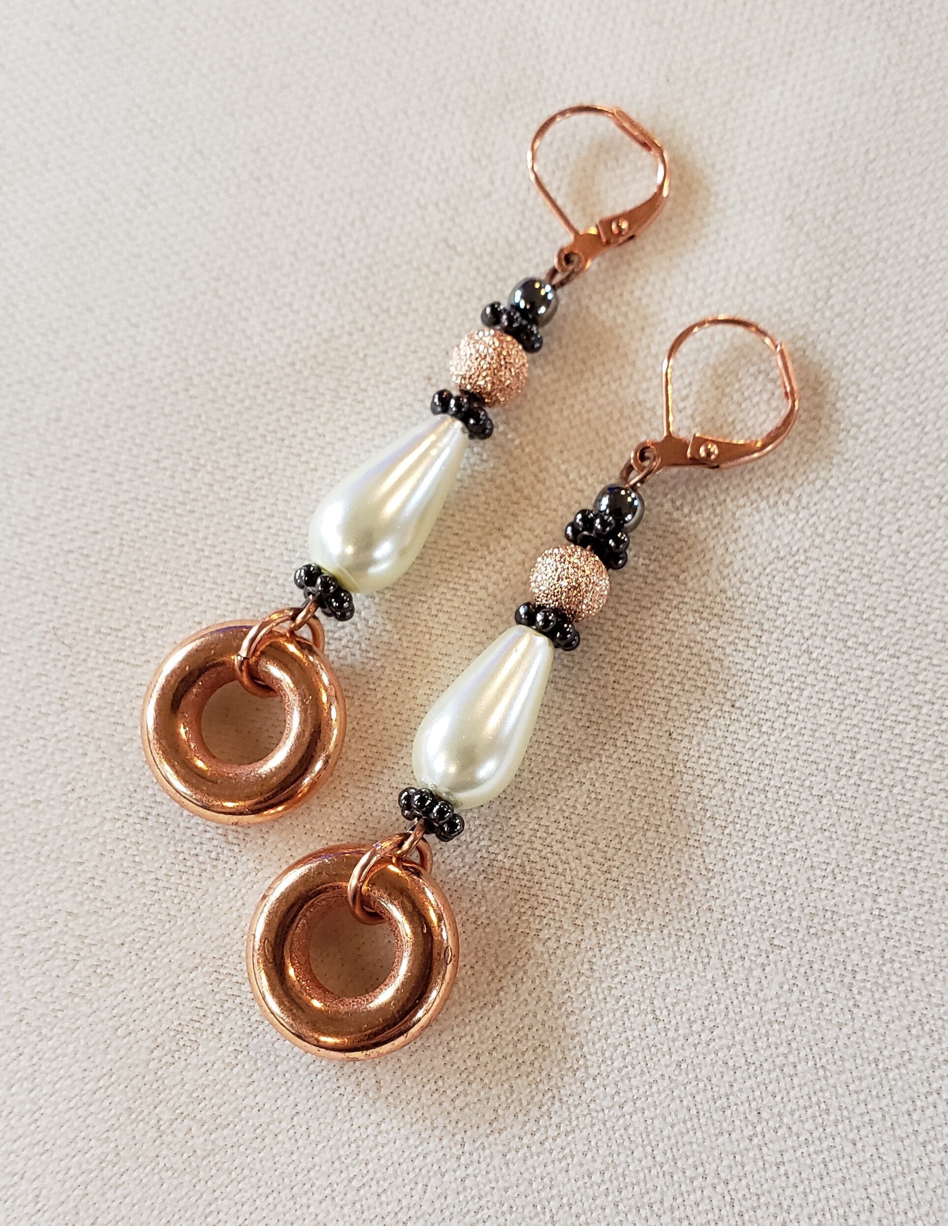 Unique circle earrings Pearl teardrops Copper leverbacks | Etsy