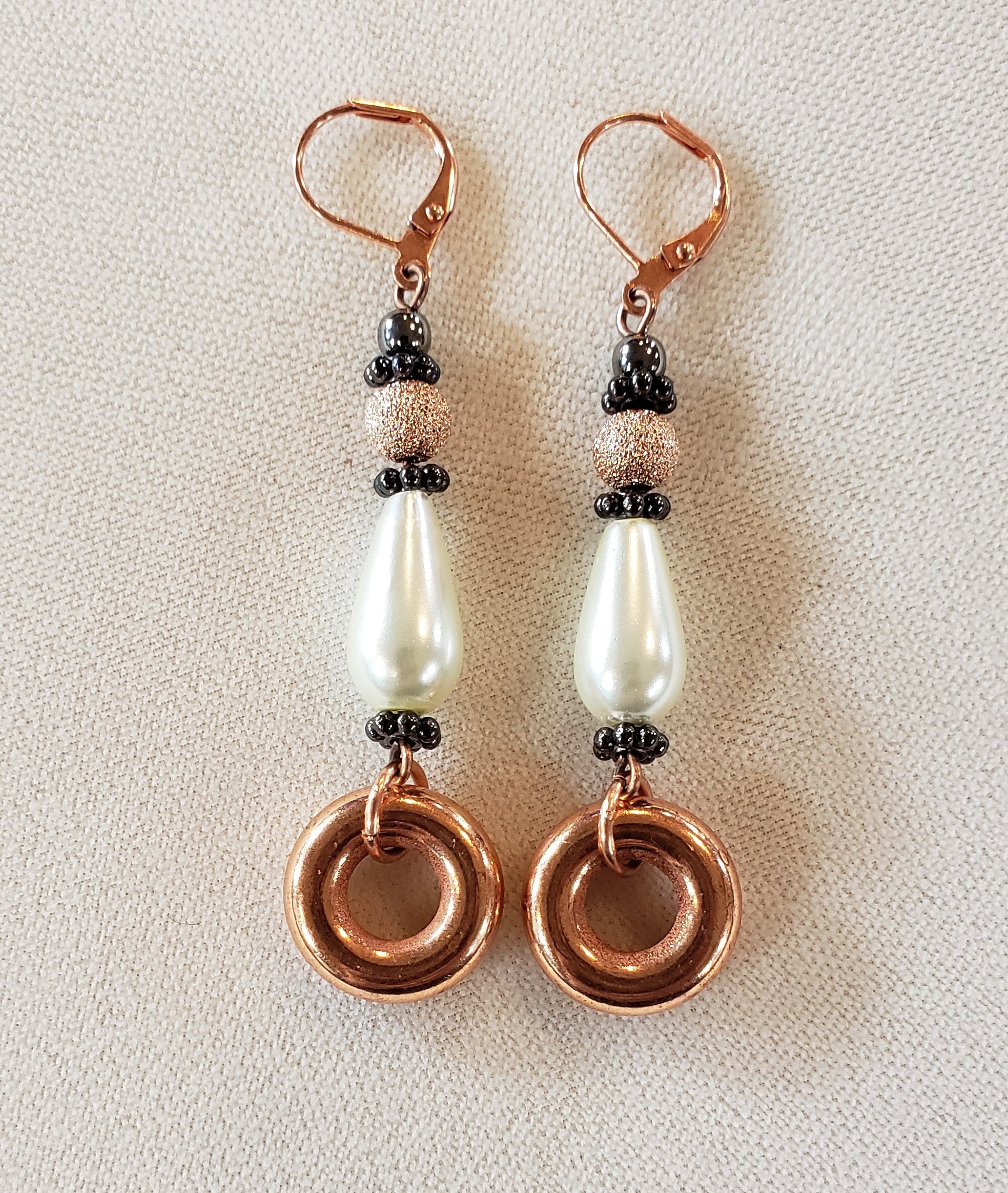 Unique circle earrings Pearl teardrops Copper leverbacks | Etsy