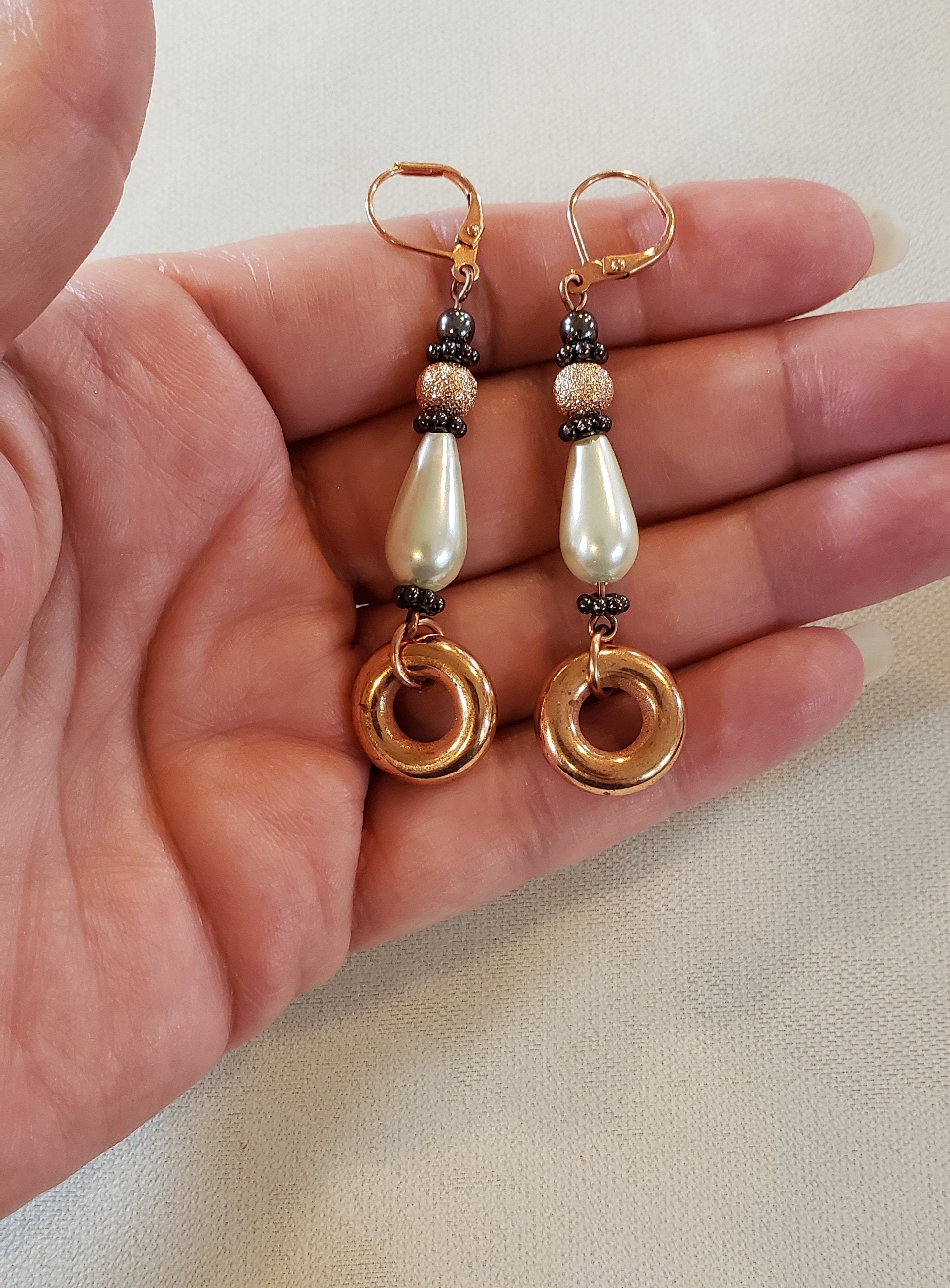 Unique circle earrings Pearl teardrops Copper leverbacks | Etsy