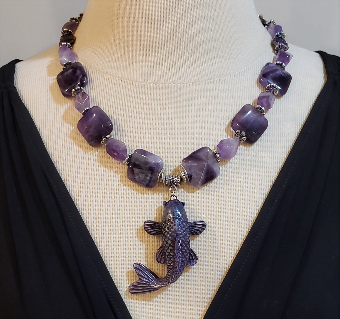 Polymer Clay Koi Fish Necklace , Statement Amethyst and Pearls - Etsy