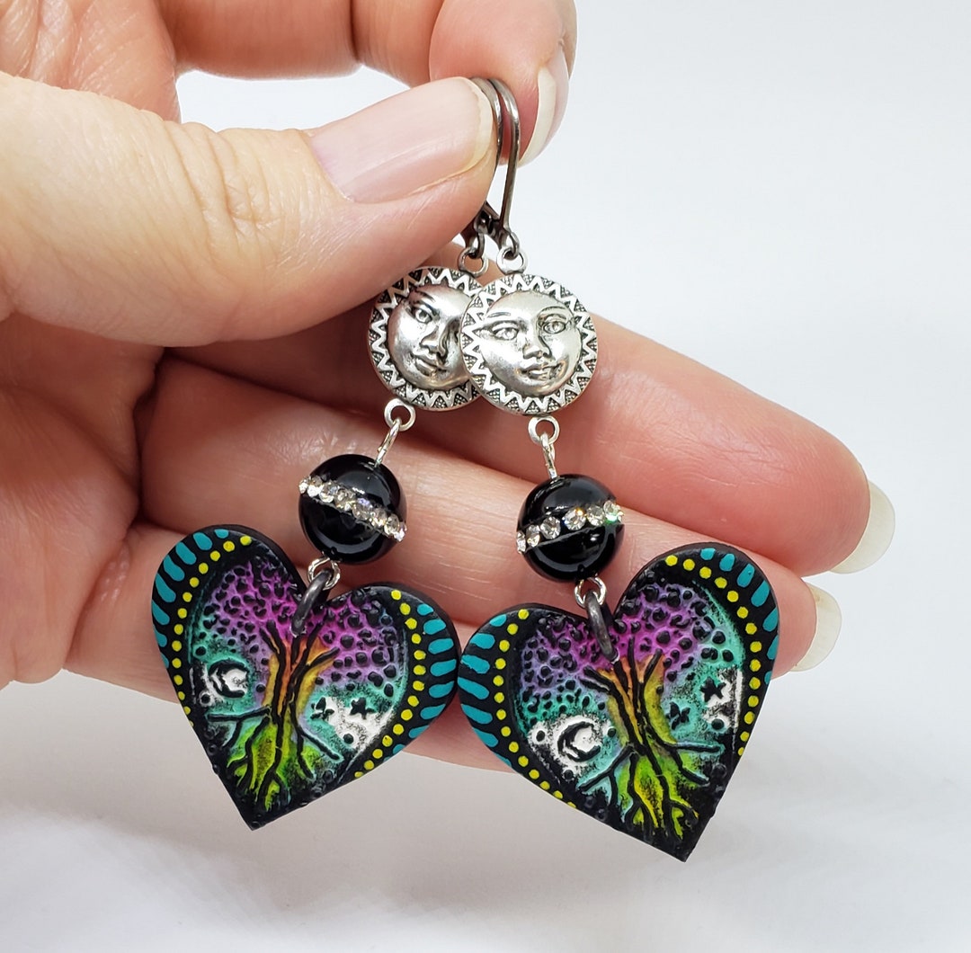 Artisan Polymer Clay Tree of Life Heart Earrings, Handmade Jewelry ...
