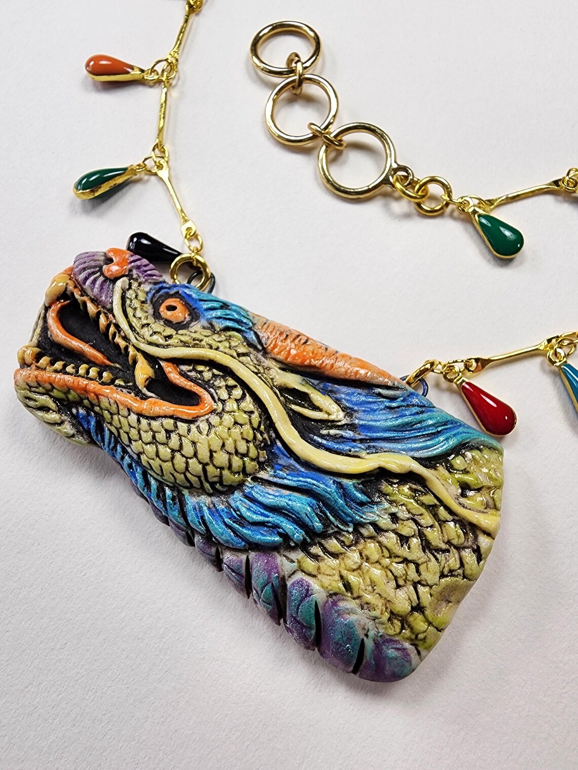 Artisan, Handmade, Fierce Dragon Porcelain Pendant Necklace, Golden ...