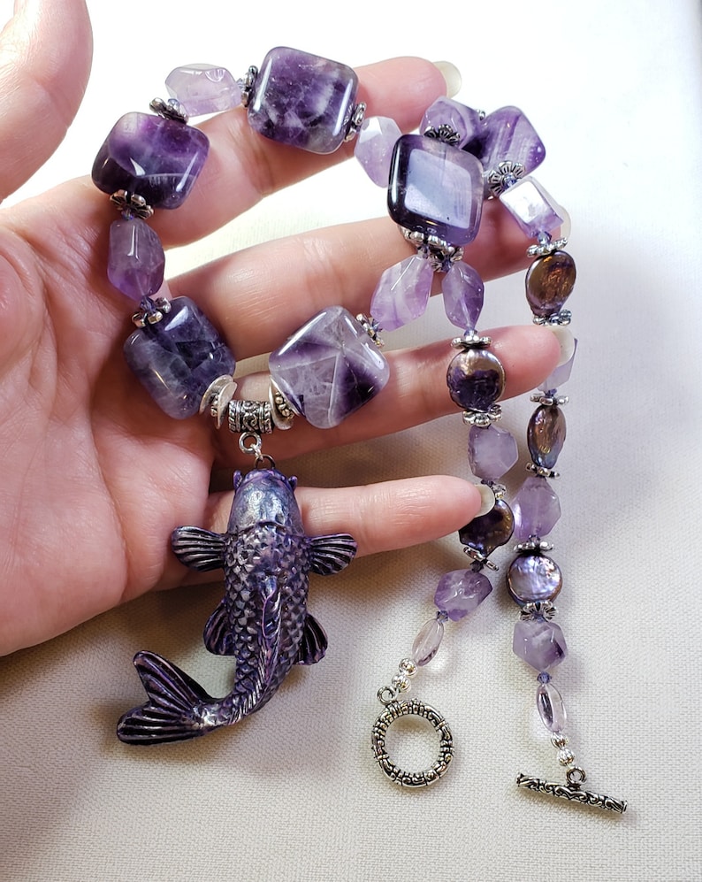 Polymer Clay Koi Fish Necklace , Statement Amethyst and Pearls - Etsy