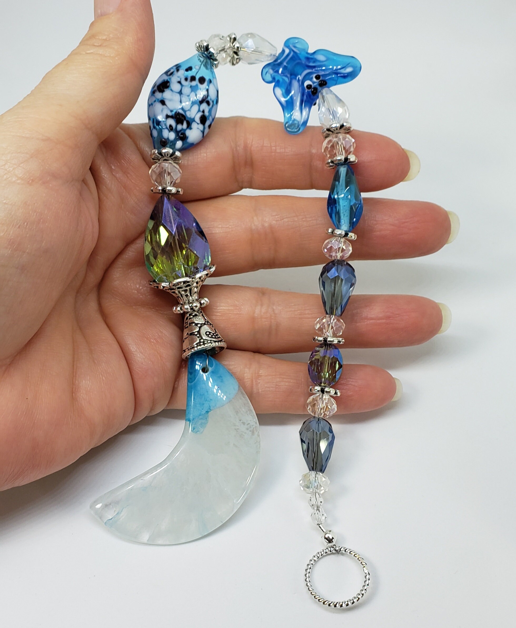 Blue and White Agate Crescent Moon Suncatcher Handmade | Etsy