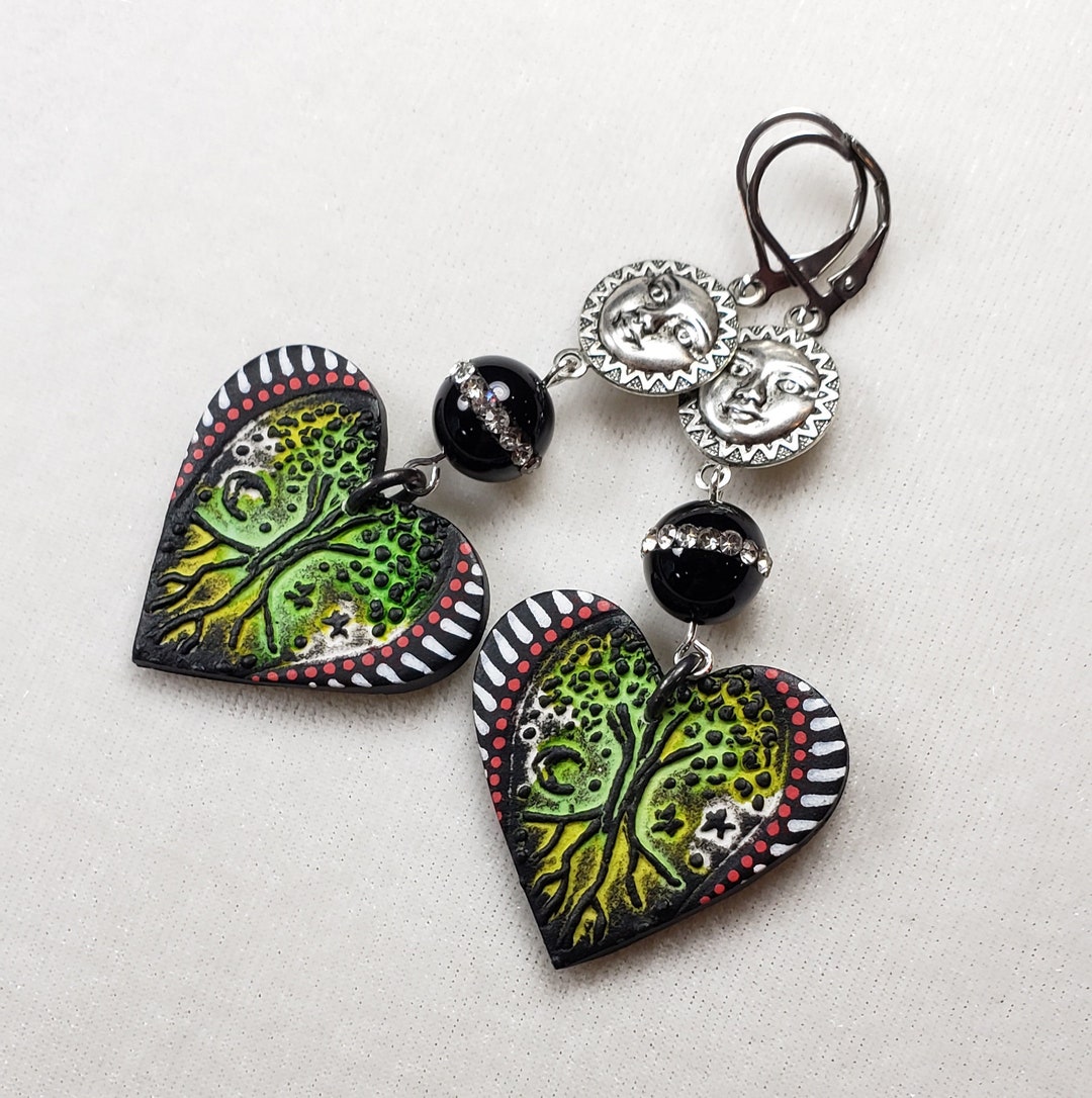 Handmade, Artisan Polymer Clay Tree of Life Heart Dangle Earrings ...