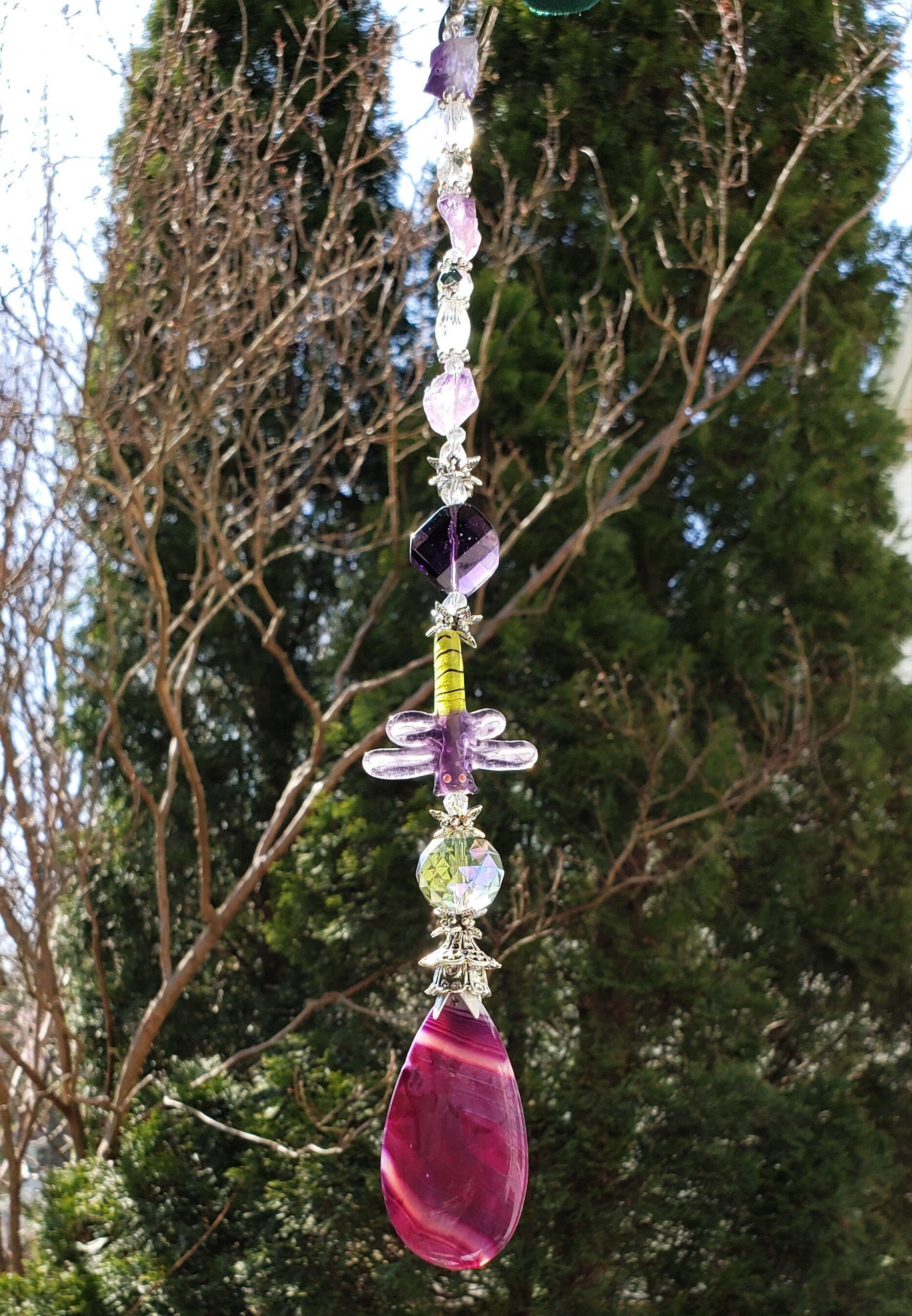 Purple agate suncatcher Glass dragonfly Raw natural amethyst | Etsy